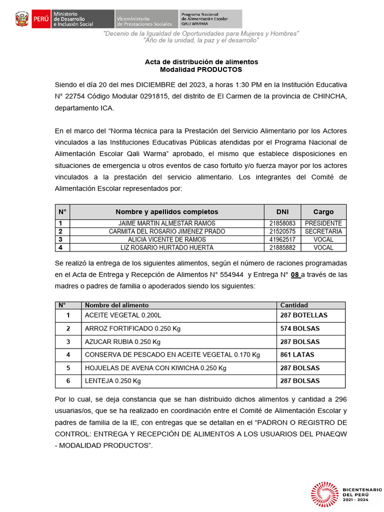 Formato N°2 - Acta de Distribución de Alimentos - 8va Distribucion | PDF Formato N°2 - Acta de Distribución de Alimentos - 8va Distribucion | PDF