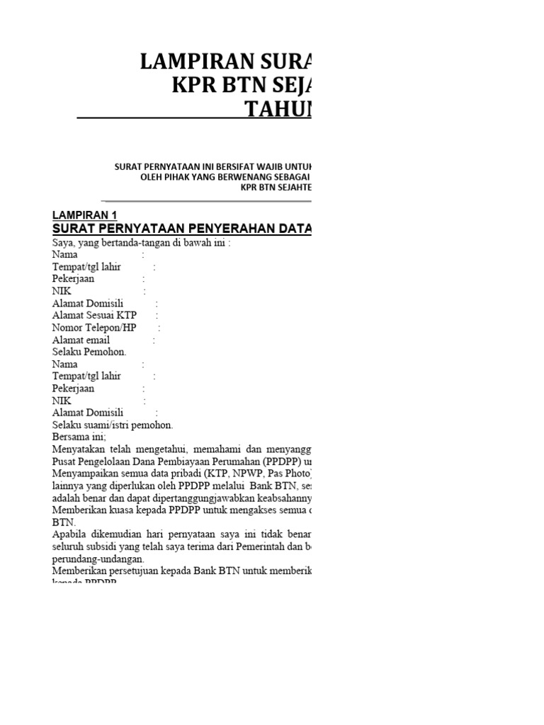 Surat Pernyataan KPR BTN 2022 | PDF