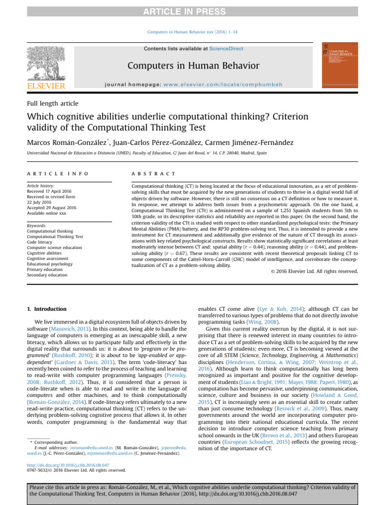 Computers in Human Behavior: Marcos Rom An-Gonzalez, Juan-Carlos P Erez ...
