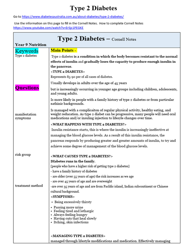 Cornell Notes - Type 2 Diabetes | PDF