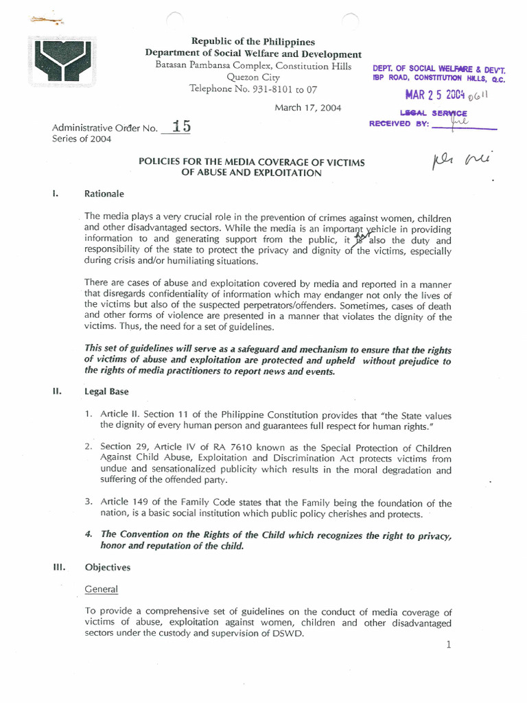 DSWD AO 2004-015 - Media Guide in Interviewing Victims of Child Abuse | PDF