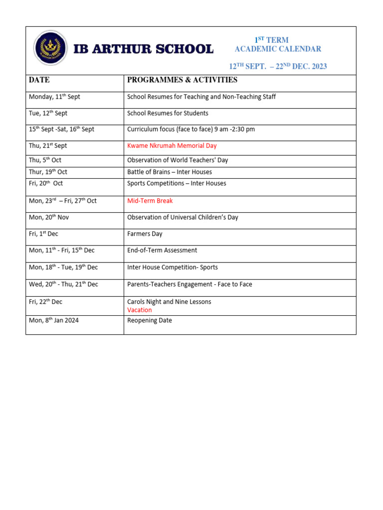 First Term Calendar | PDF
