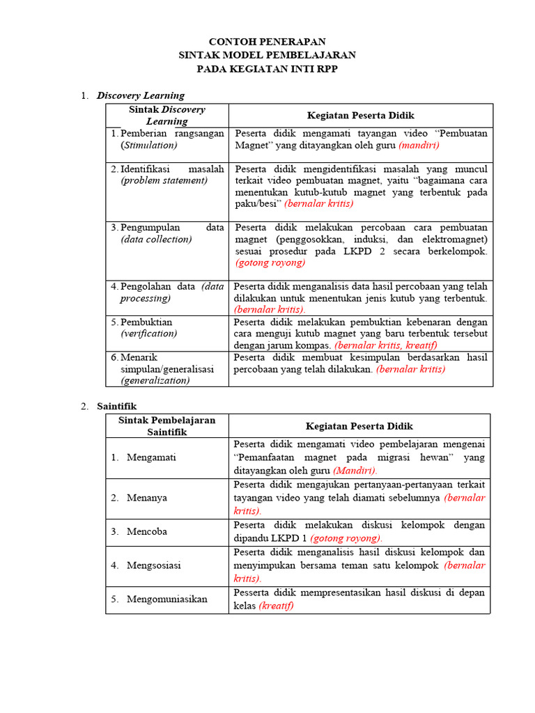Contoh Penerapan Sintak Pembelajaran | PDF