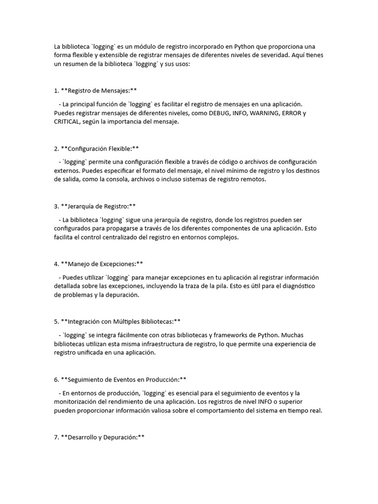 Libreria Logging | PDF | Biblioteca (informática) | Python (lenguaje de programación)