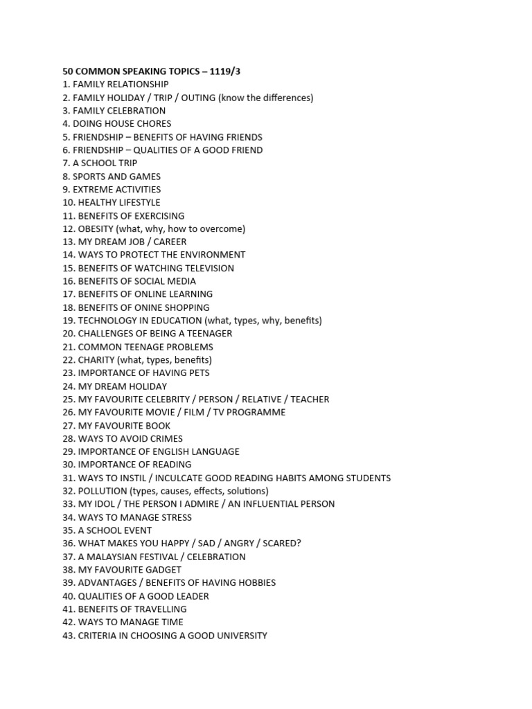 50 Common Speaking Topics | PDF