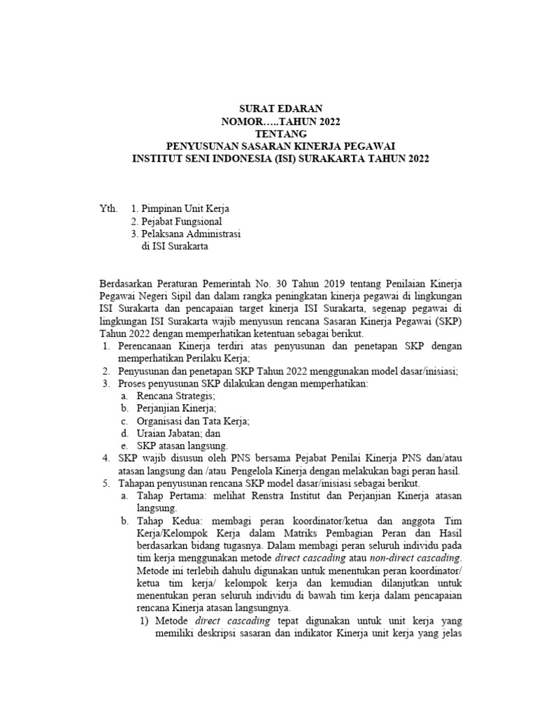 Draft Surat Edaran Penyusunan SKP 2022 | PDF