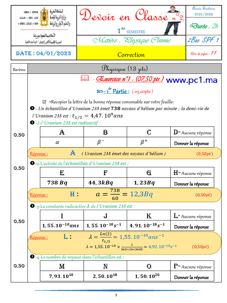 Correction Devoir de Classe n2 - 2bacSPF1 - SM1 - 22-23 Prof - Jabbar Rachid (WWW - Pc1.ma) | PDF
