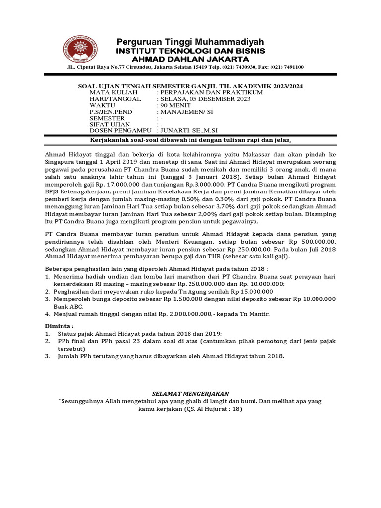 Uts - Soal Perpajakan Dan Lab 2023 | PDF | Bisnis | Pengelolaan Keuangan & Uang