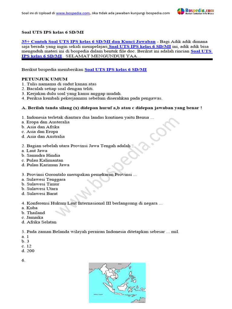 35+ Contoh Soal UTS IPS Kelas 6 SD MI Dan Kunci Jawaban | PDF
