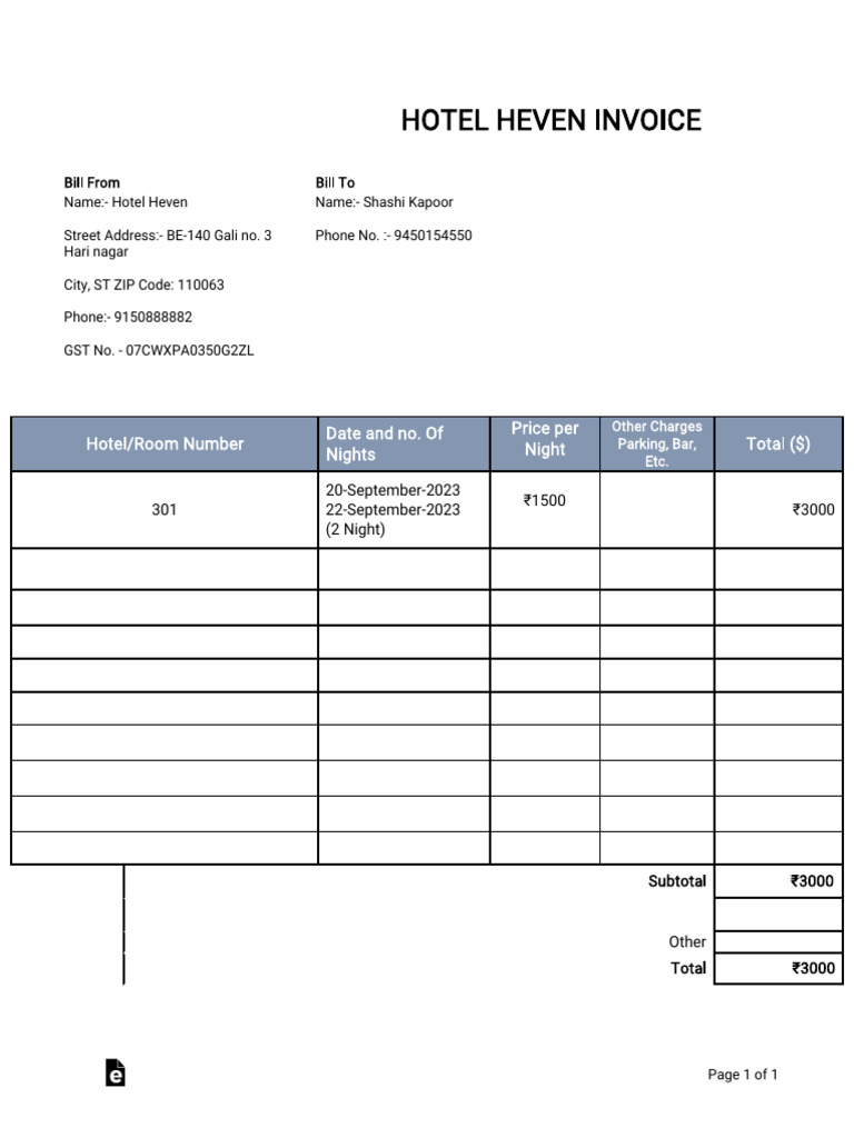 Hotel Heven Invoice Details | PDF