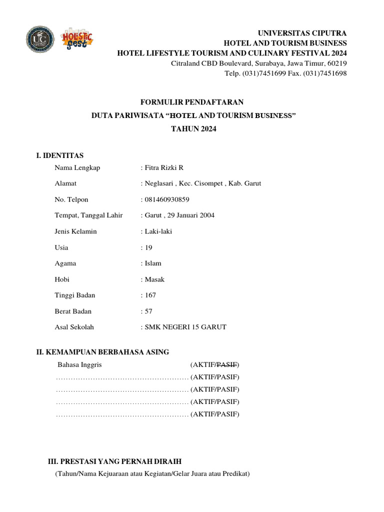 Formulir Duta Pariwisata Hotel and Tourism - FITRA | PDF
