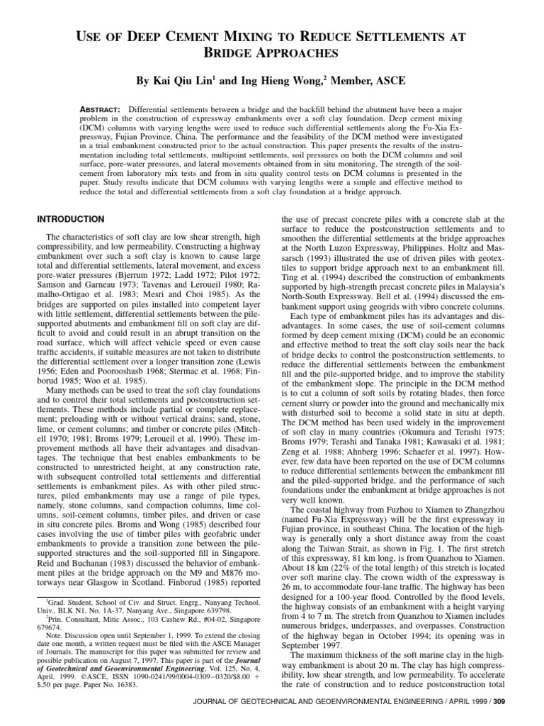 Use of Deep Cement Mixing To Reduce Settlements at Bridge Approaches | PDF