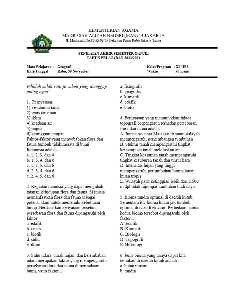 SOAL PAS GANJIL KLS XI 23-24 (40 soal) | PDF