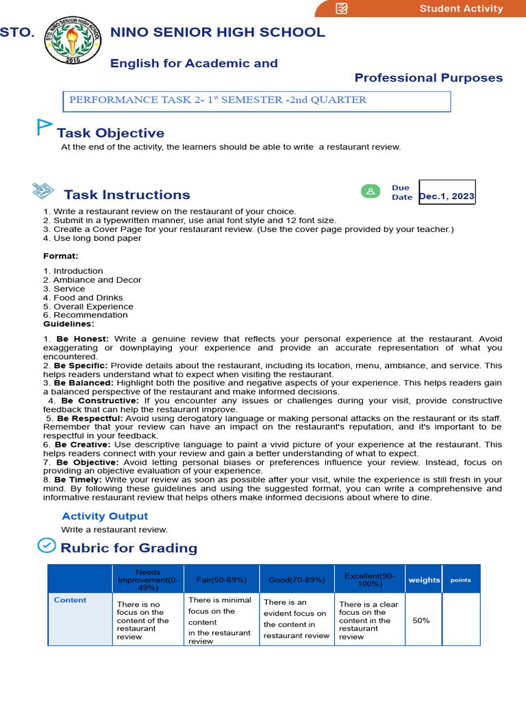 PERFORMANCE TASK 2RESTAURANT REVIEW - 2nd QUARTER | PDF