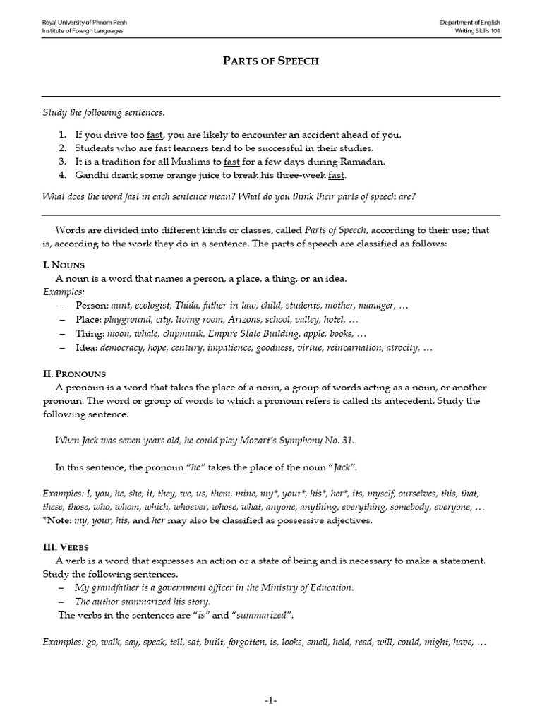 2.Ws101 Parts of Speech | PDF | Language Arts & Discipline | Foreign ...