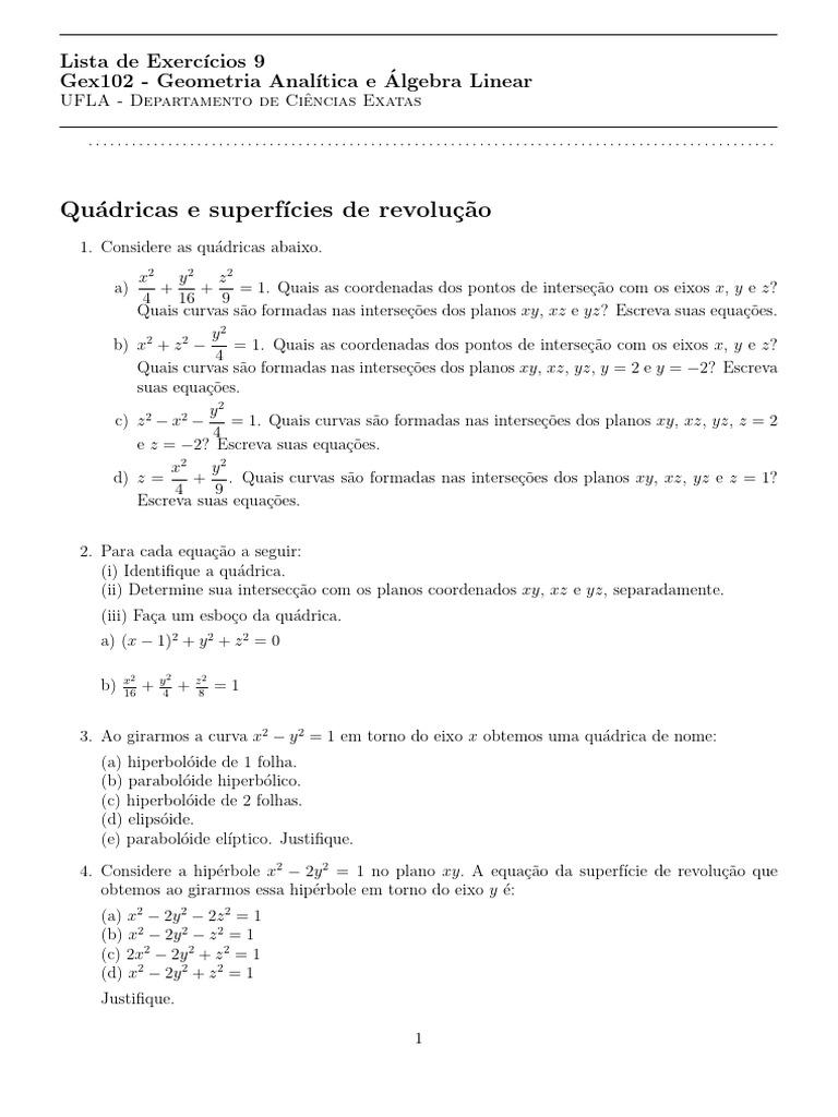 Lista 9 - Quadricas | PDF