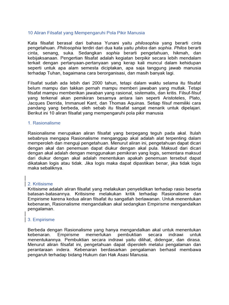 10 Aliran Filsafat Yang Mempengaruhi Pola Pikir Manusia | PDF | Filsafat