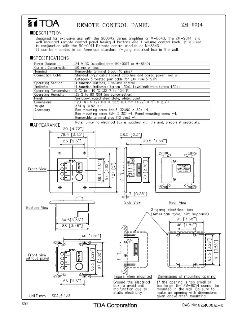 1538 Zm 9014 Remote Control Panel Specification | PDF