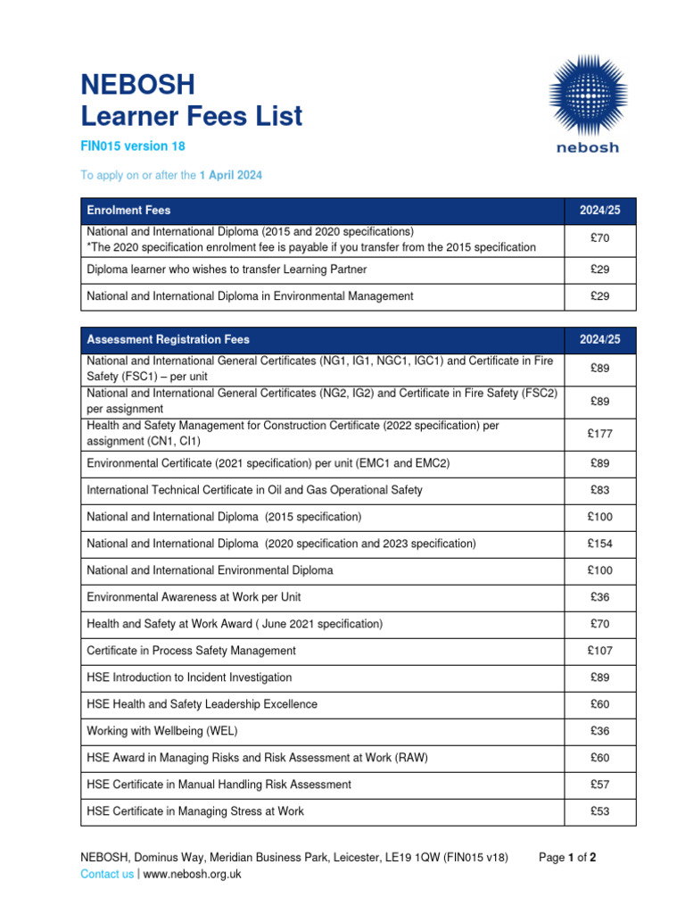 1fin015 Learner Fees List v18 From 010424 | PDF