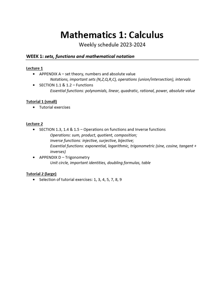 Weekly Schedule Mathematics 1 Calculus 2023-2024 | PDF