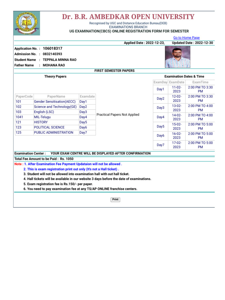 BRAOU 1 Year Exam Hall Ticket | PDF