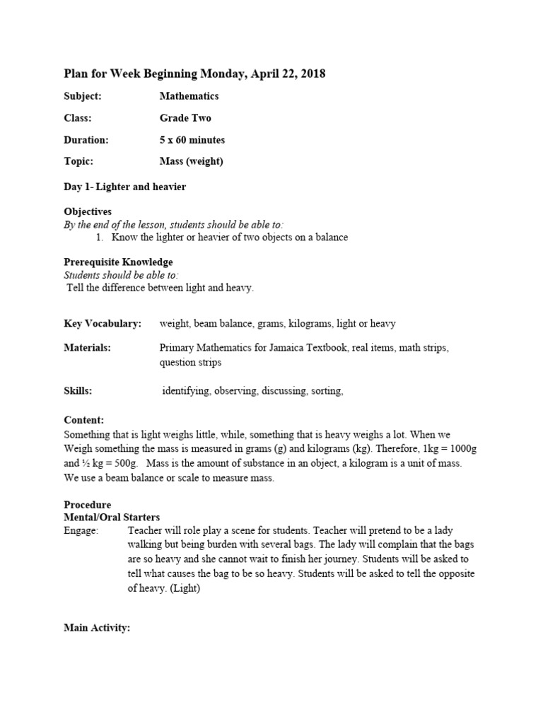 Lesson Plan For Week Beginning April 22 2018 NEW | PDF | Weighing Scale ...