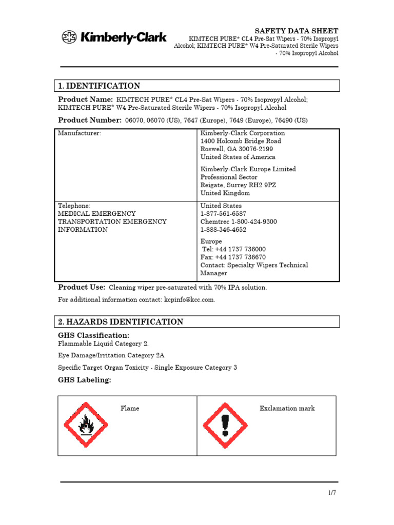 KIMTECH PURE CL4 Wipers Safety Data | PDF | Personal Protective ...