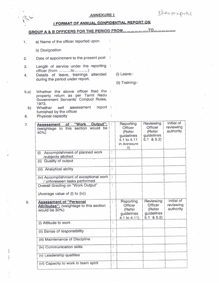 Kalvisolai Forms 108 - Format of Annual Confidential Report | PDF
