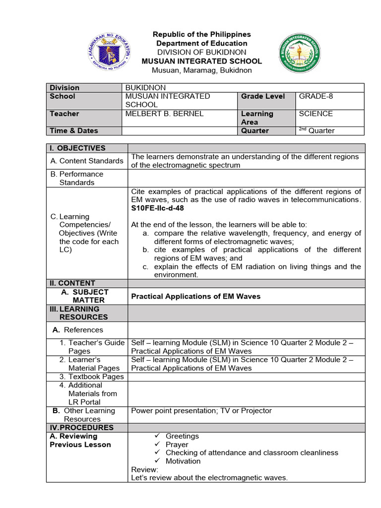 SCIENCE 10 Lesson Plan- Application of EM waves | PDF