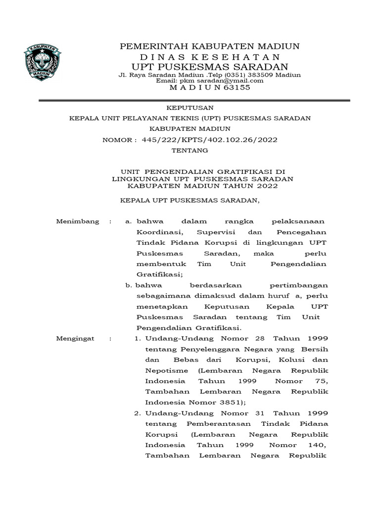 SK UNIT PENGENDALIAN GRATIFIKASI. | PDF