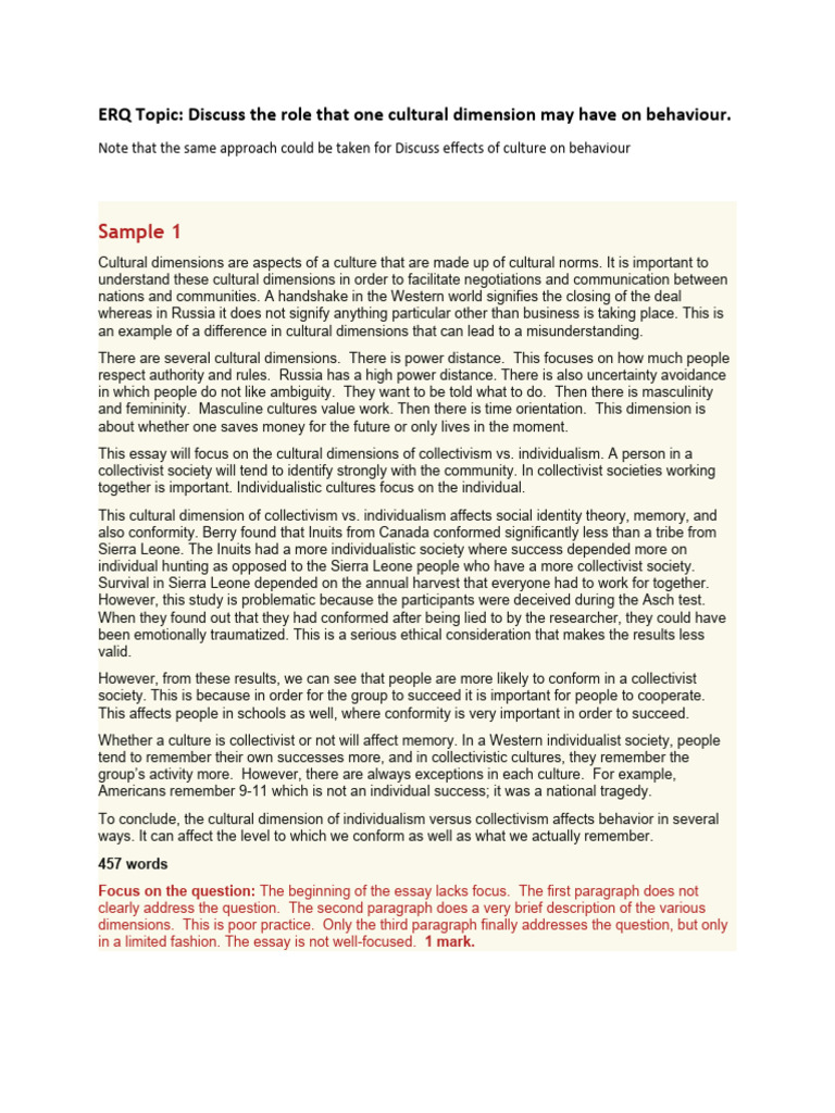 ERQ Marked Samples Discuss The Role That One Cultural Dimension May Have On Behaviour. | PDF ...