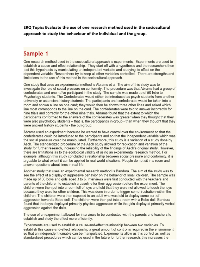 ERQ Marked Samples Evaluate The Use of One Research Method Used in The Sociocultural Approach To ...