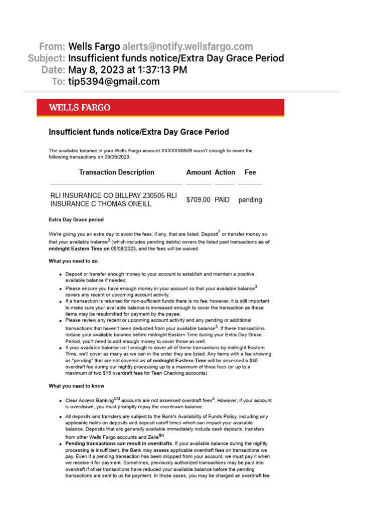 Insufficient Funds NoticeExtra Day Grace Period | PDF | Overdraft ...