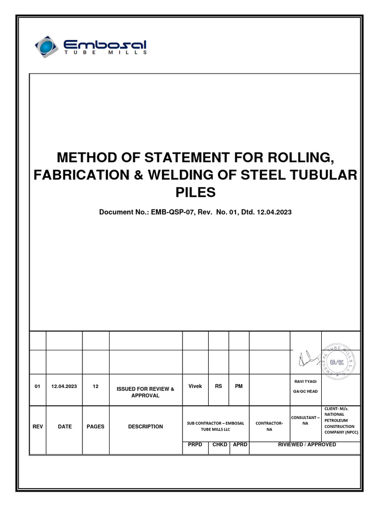 Method of Statements (Rolling Rolling Procedure) | PDF | Welding | Construction