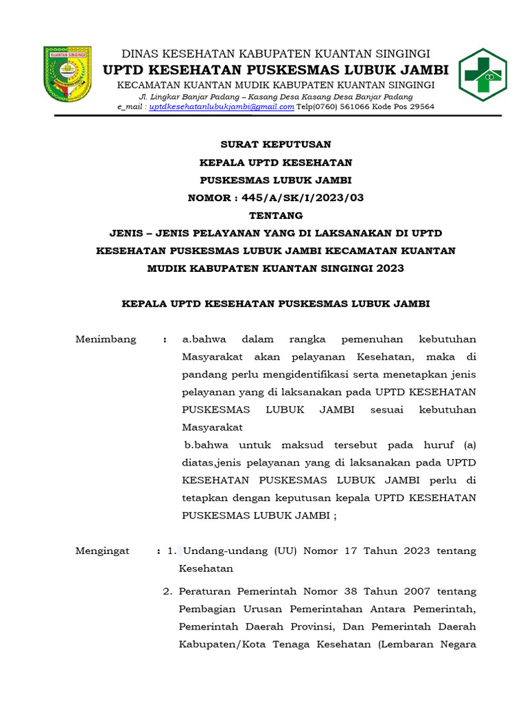 SK Jenis-Jenis Pelayanan Puskesmas | PDF