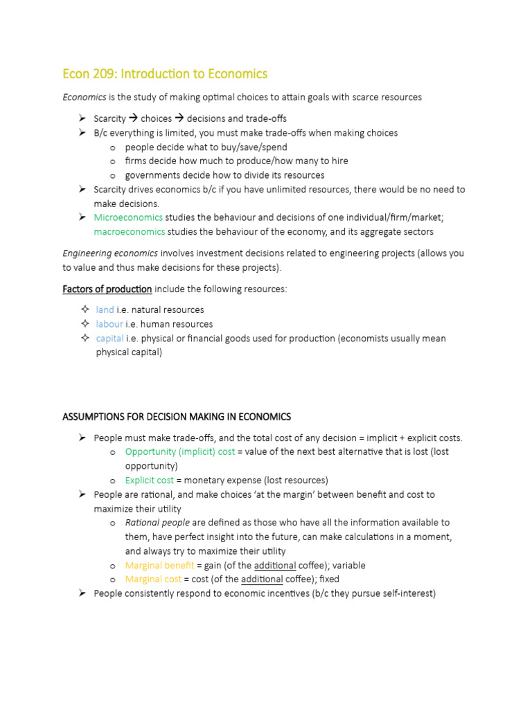 Introduction To Economics - Econ 209 - Notes | PDF