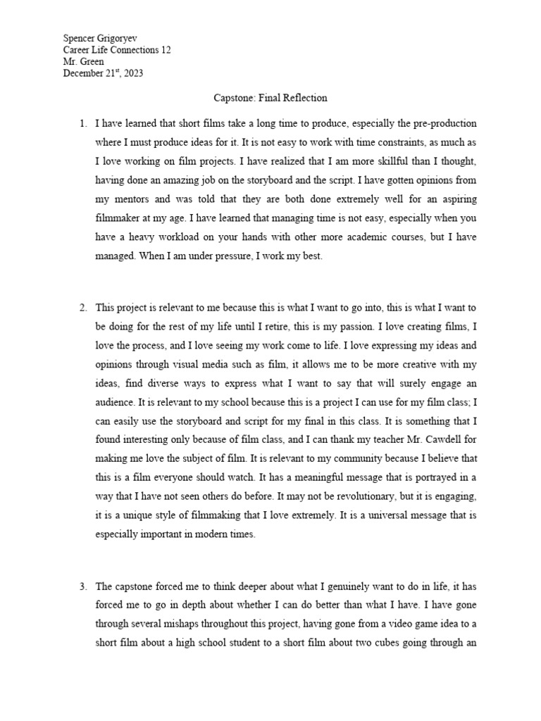 Capstone Final Reflection - Spencer Grigoryev | PDF