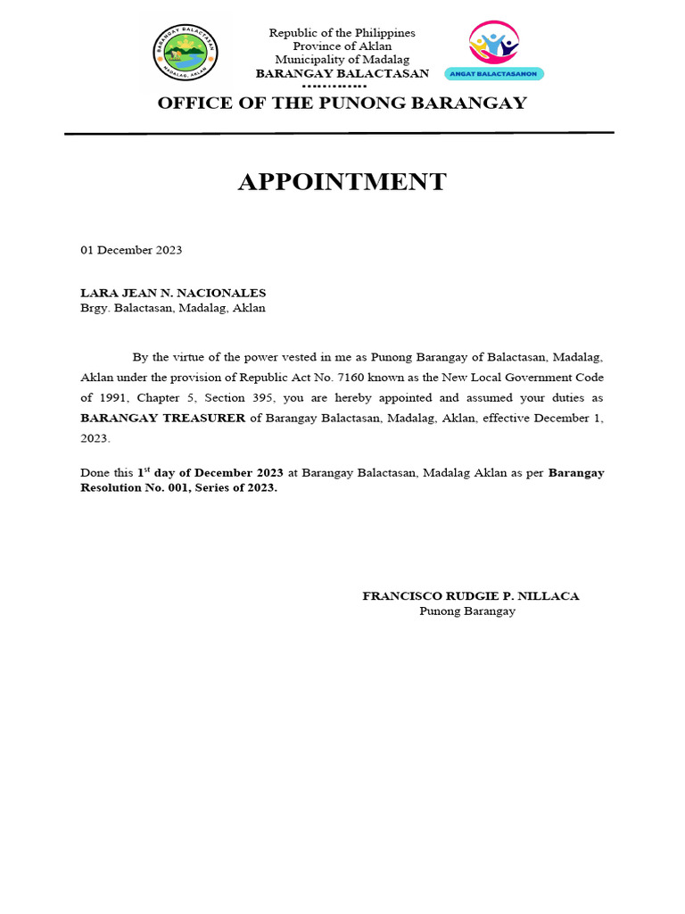 Appointment - Barangay Treasurer and Secretary | PDF