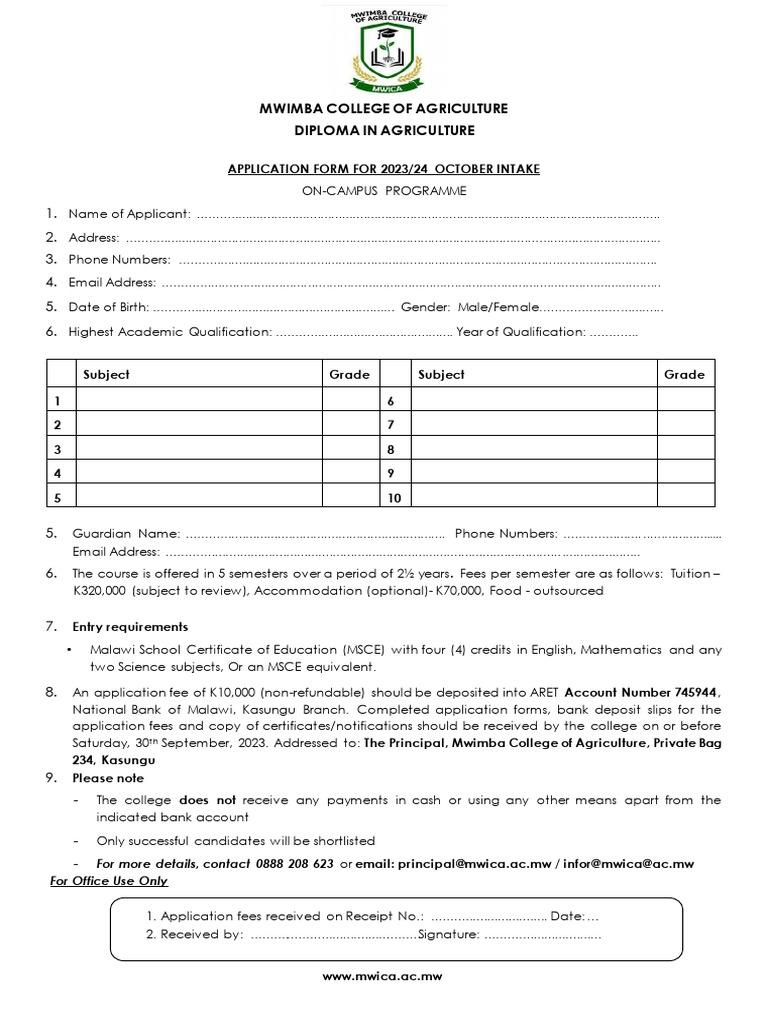 MWICA October 2023 Application Form 1 | PDF | Educational Stages