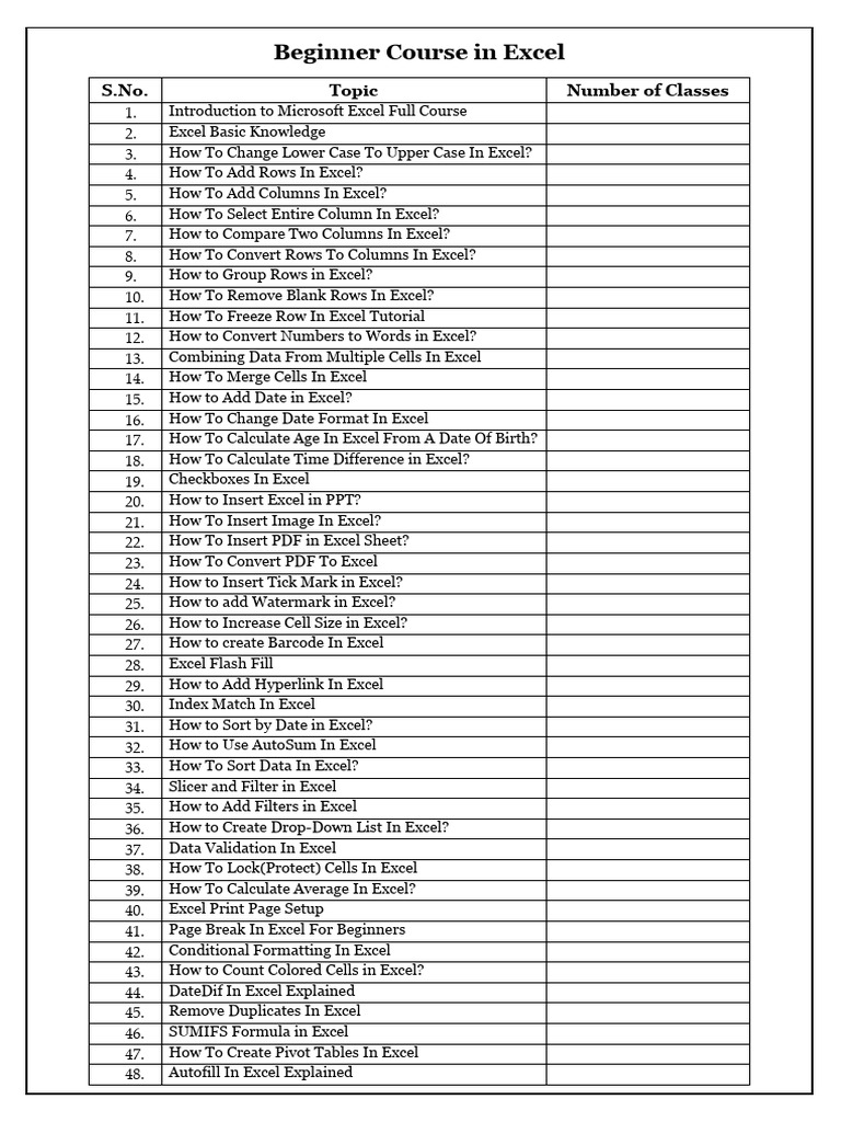 Excel Course Options Pdf 
