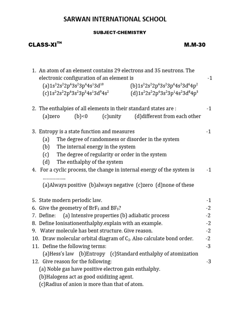 Chemistry Class 11TH Question Paper | PDF