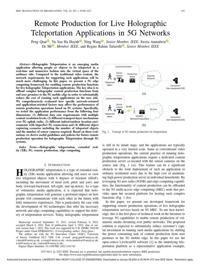 Remote Production For Live Holographic Teleportation Applications in 5G ...