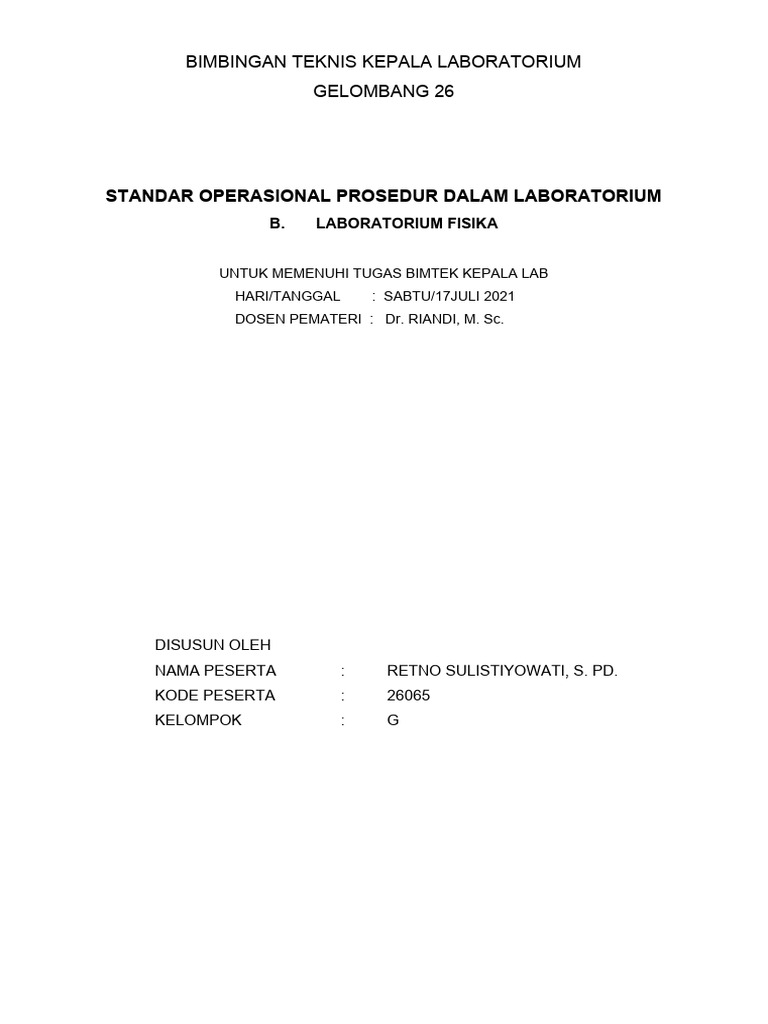 3a-26065-Retno Sulistiyowati-SOP Dalam Lab Fisika | PDF