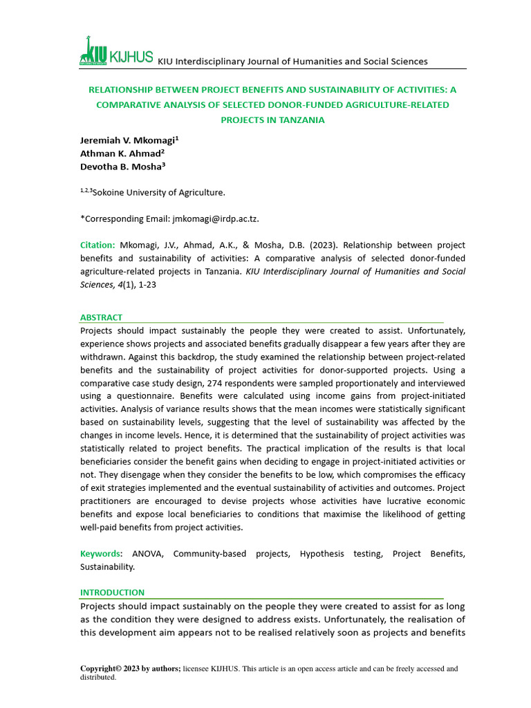 Mkomagi Et Al 2023. Relationship-Between-Project-Benefits-And-Sustainability-Of-Activities-A ...