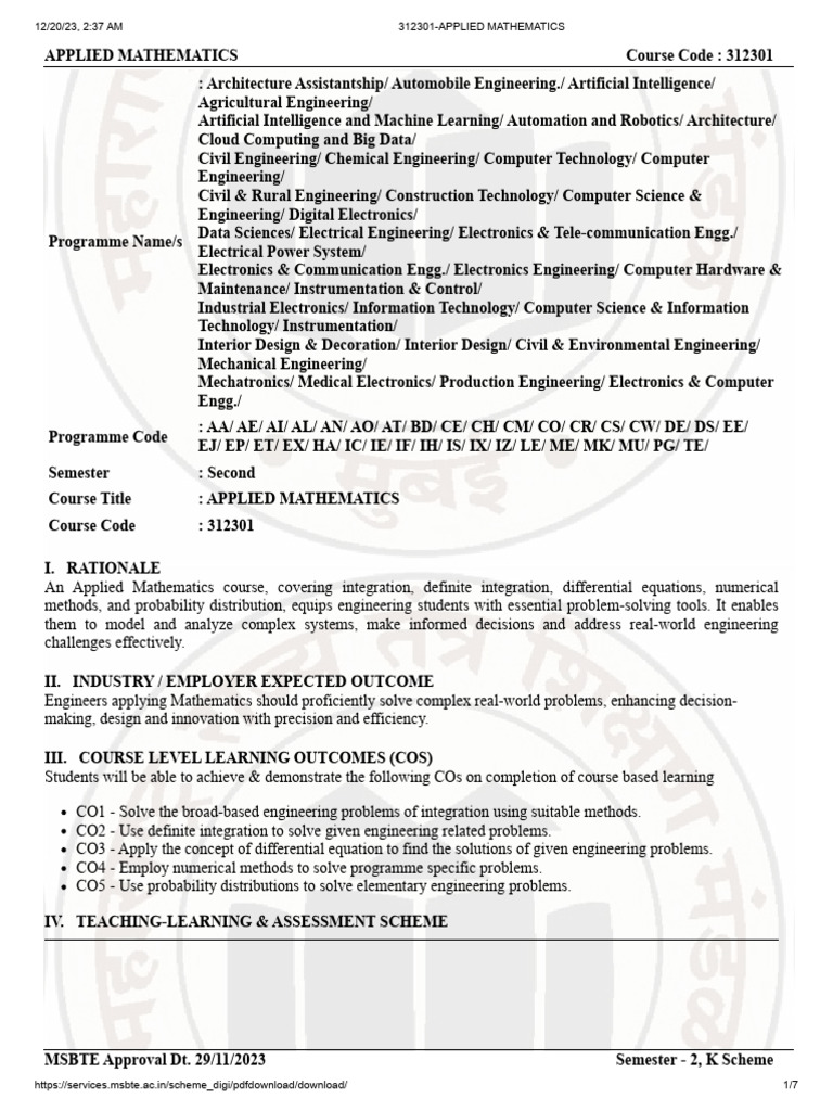 Applied Mathematics Syllabus 312301 | PDF | Equations | Differential ...