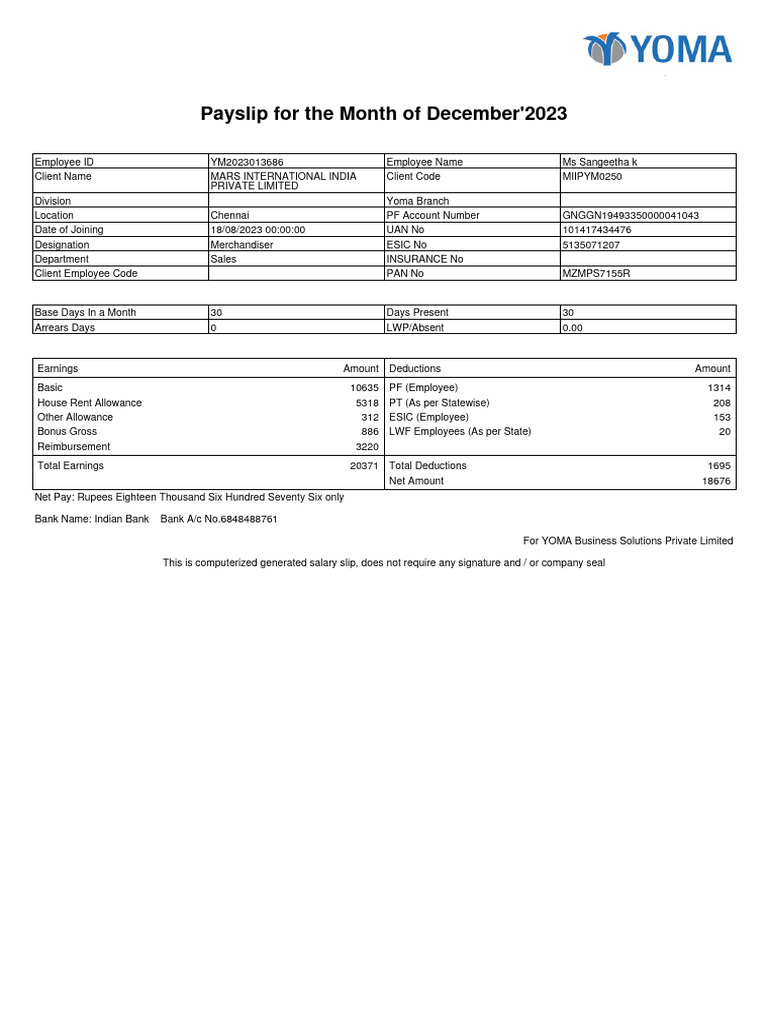 December 2023 Salary Slip for Yoma | PDF | Service Industries | Business