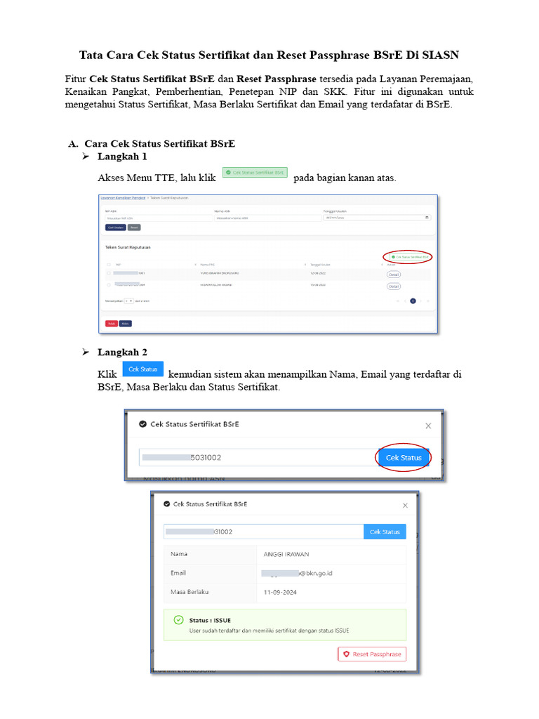 Tata Cara Cek Status Sertifikat Dan Reset Passphrase BSrE Di SIASN | PDF