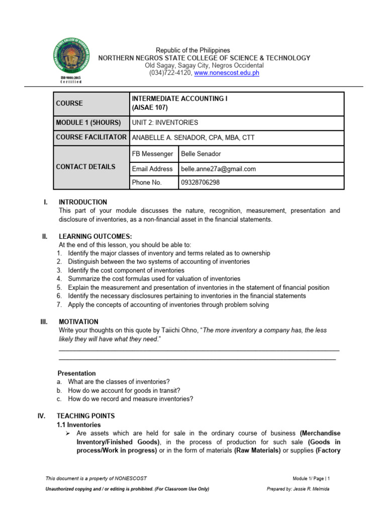 Module 1 L2 Intermediate Acctg 1 Bsais Pdf Cost Of Goods Sold Inventory