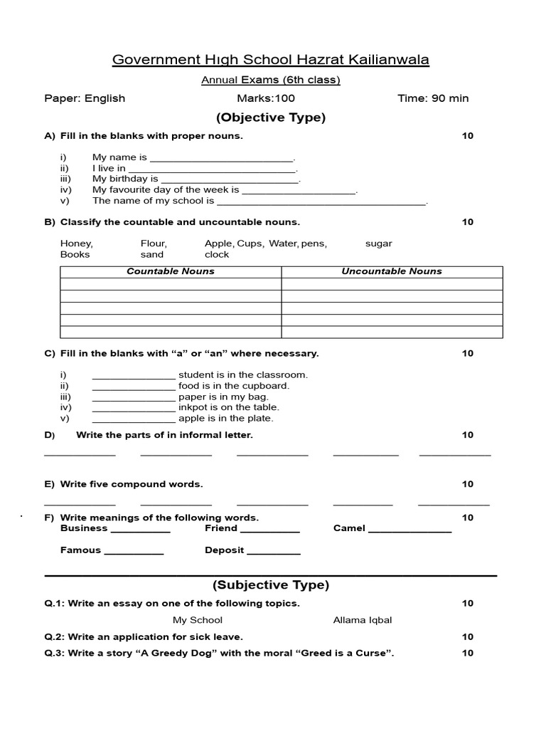 6th Grade English Exam Paper | PDF