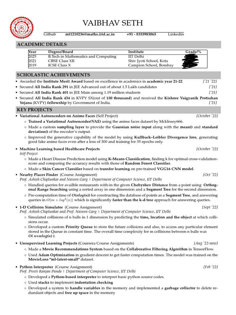 Vaibhav Seth CV | PDF | Applied Mathematics | Computing